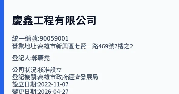 慶鑫工程有限公司的照片-統編 90059001(高雄市) 公司登記資料與營業項目詳細圖表