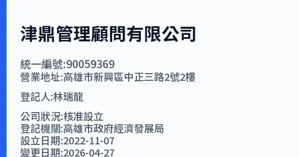 津鼎管理顧問有限公司的照片-統編 90059369(高雄市) 公司登記資料與營業項目詳細圖表