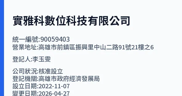 實雅科數位科技有限公司的照片-統編 90059403(高雄市) 公司登記資料與營業項目詳細圖表