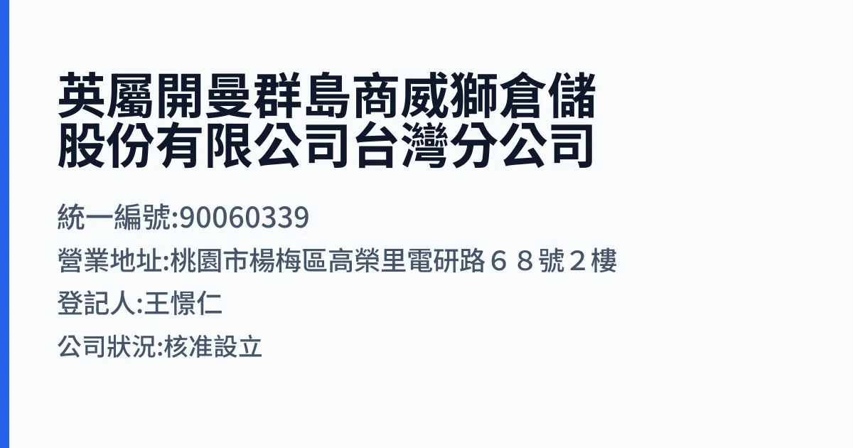 英屬開曼群島商威獅倉儲股份有限公司台灣分公司 - 統編 90060339(臺北市) 公司登記資料與營業項目詳細圖表