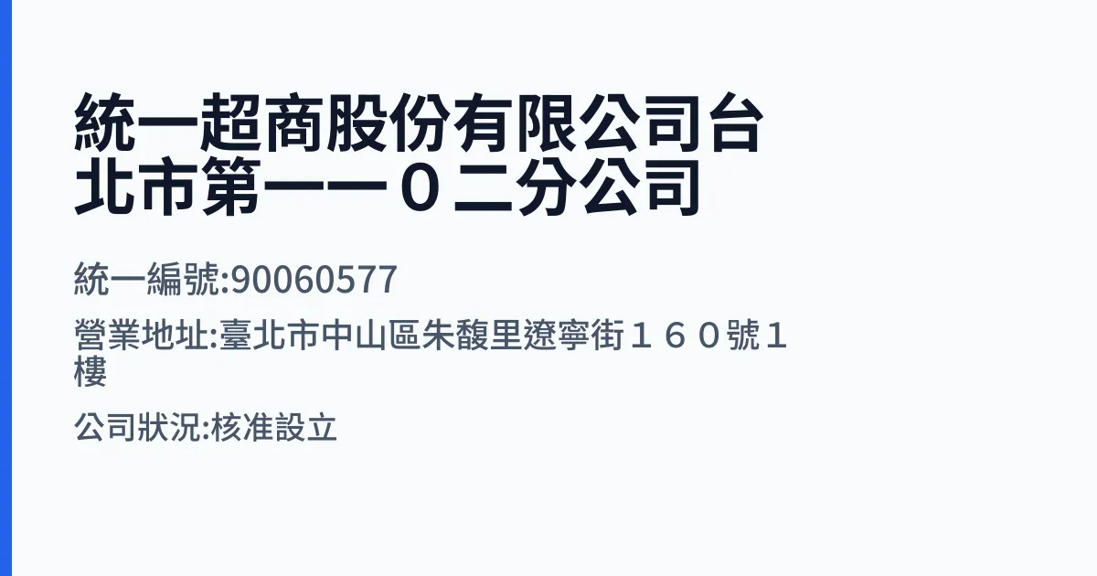 統一超商股份有限公司台北市第一一0二分公司 - 統編 90060577(臺北市) 公司登記資料與營業項目詳細圖表