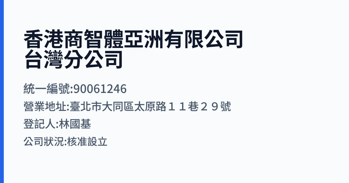 香港商智體亞洲有限公司台灣分公司 - 統編 90061246(臺北市) 公司登記資料與營業項目詳細圖表