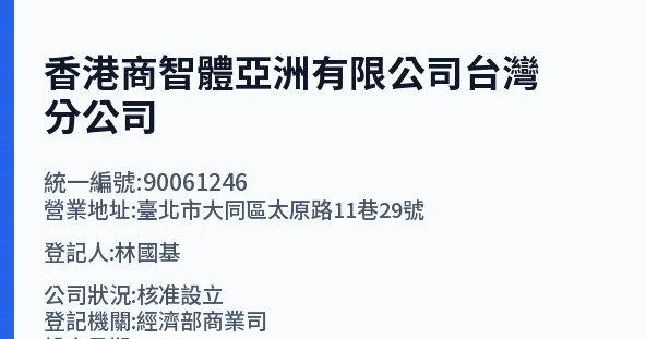 香港商智體亞洲有限公司台灣分公司的照片-統編 90061246(臺北市) 公司登記資料與營業項目詳細圖表