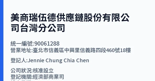 美商瑞伍德供應鏈股份有限公司台灣分公司的照片-統編 90061288(臺北市) 公司登記資料與營業項目詳細圖表