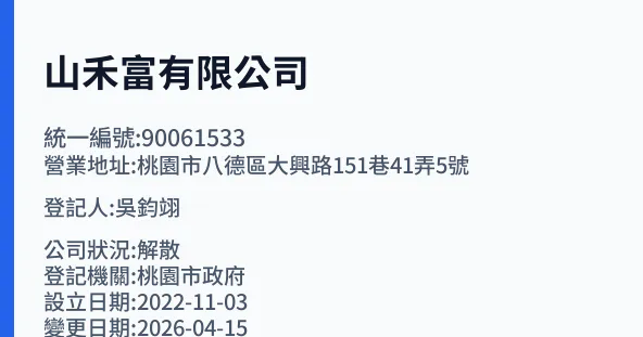 山禾富有限公司的照片-統編 90061533(桃園市) 公司登記資料與營業項目詳細圖表