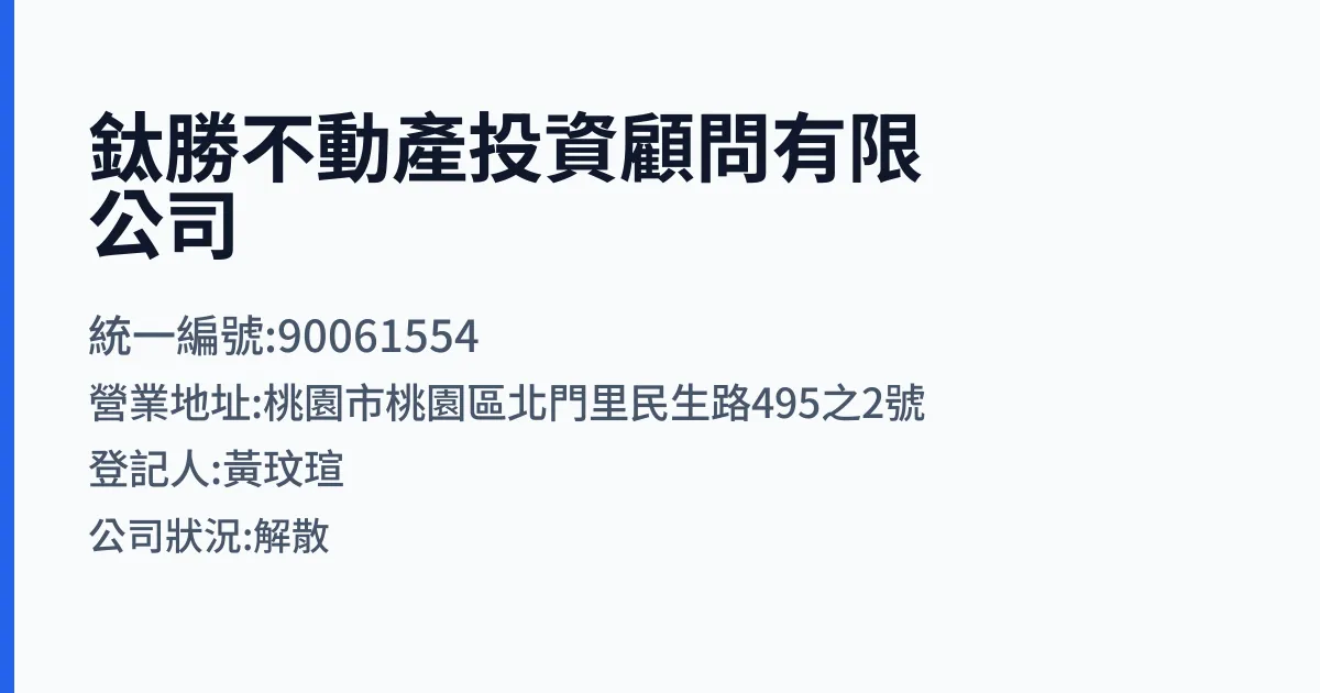 鈦勝不動產投資顧問有限公司 - 統編 90061554(桃園市) 公司登記資料與營業項目詳細圖表