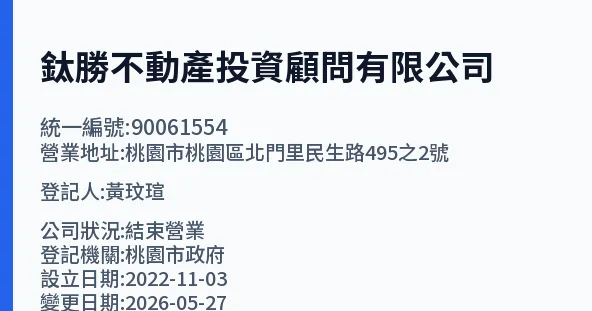 鈦勝不動產投資顧問有限公司的照片-統編 90061554(桃園市) 公司登記資料與營業項目詳細圖表