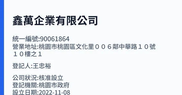 鑫萬企業有限公司的照片-統編 90061864(桃園市) 公司登記資料與營業項目詳細圖表