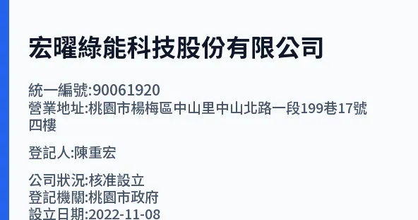 宏曜綠能科技股份有限公司的照片-統編 90061920(桃園市) 公司登記資料與營業項目詳細圖表