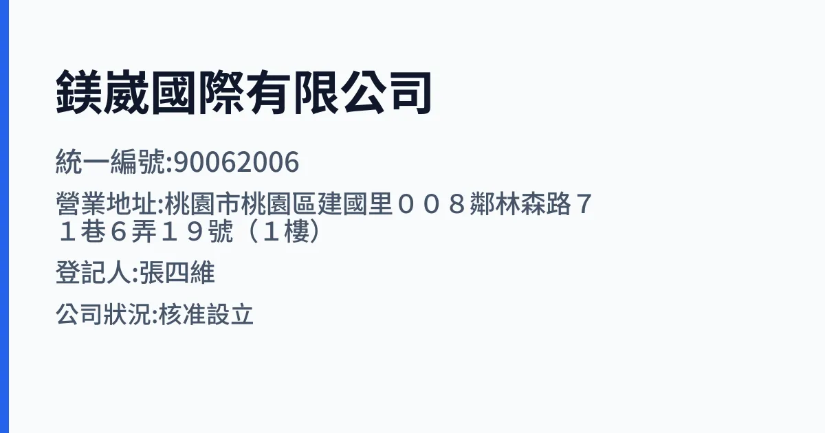 鎂崴國際有限公司 - 統編 90062006(桃園市) 公司登記資料與營業項目詳細圖表