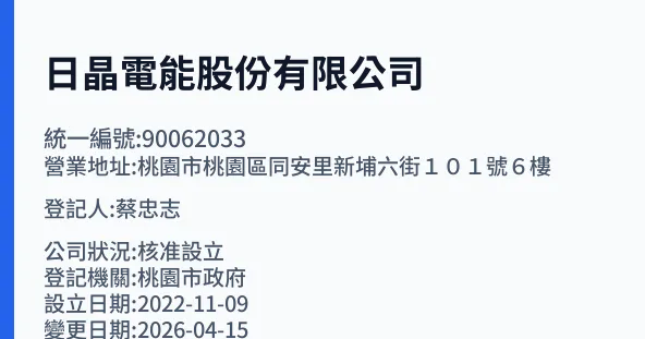 日晶電能股份有限公司的照片-統編 90062033(桃園市) 公司登記資料與營業項目詳細圖表