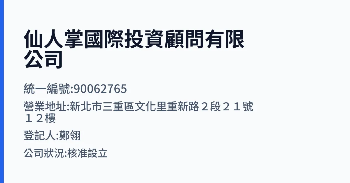 仙人掌國際投資顧問有限公司 - 統編 90062765(新北市) 公司登記資料與營業項目詳細圖表