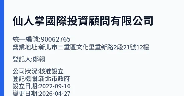仙人掌國際投資顧問有限公司的照片-統編 90062765(新北市) 公司登記資料與營業項目詳細圖表