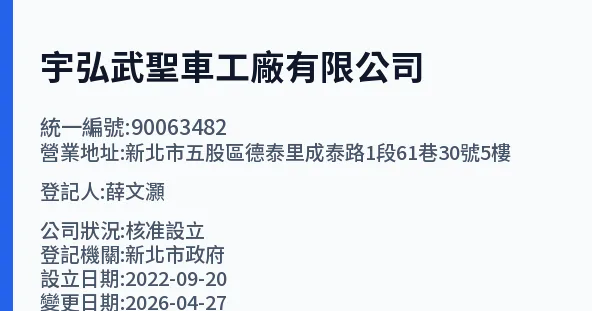 宇弘武聖車工廠有限公司的照片-統編 90063482(新北市) 公司登記資料與營業項目詳細圖表