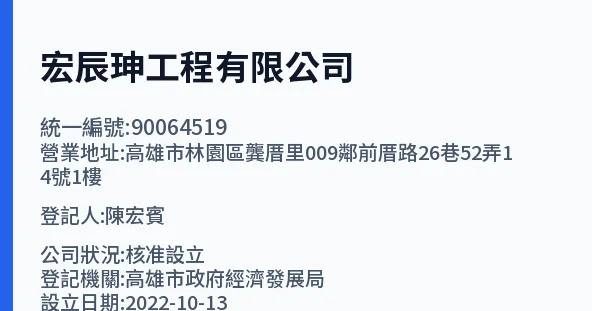 宏辰珅工程有限公司的照片-統編 90064519(高雄市) 公司登記資料與營業項目詳細圖表
