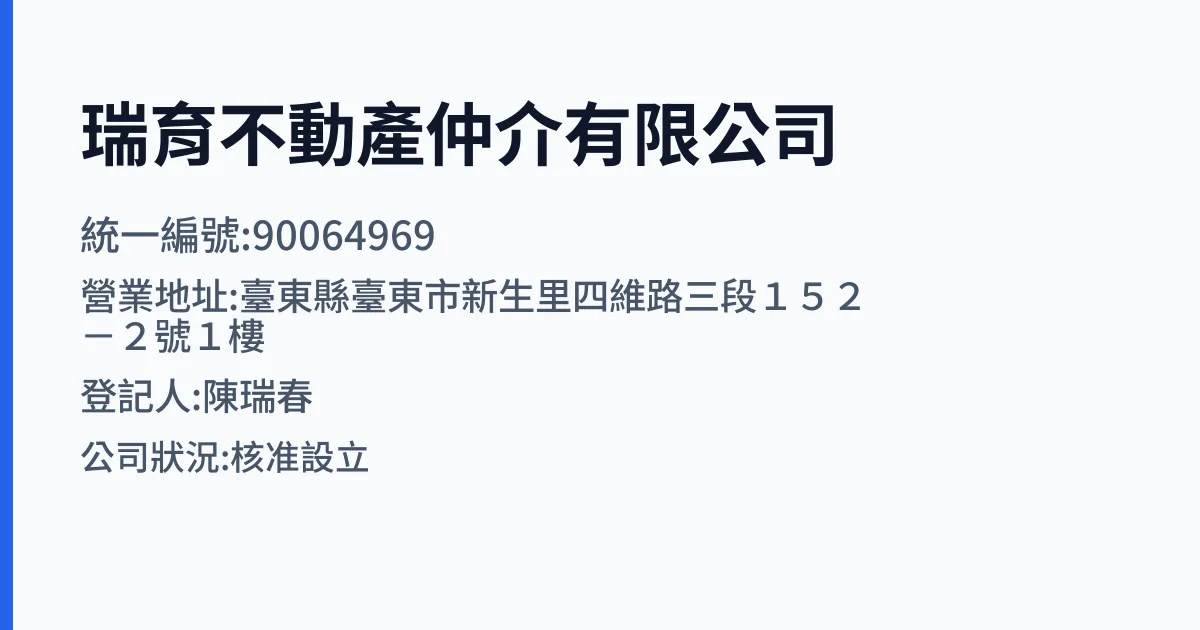 瑞育不動產仲介有限公司 - 統編 90064969(臺東縣) 公司登記資料與營業項目詳細圖表