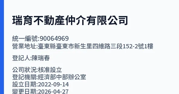 瑞育不動產仲介有限公司的照片-統編 90064969(臺東縣) 公司登記資料與營業項目詳細圖表