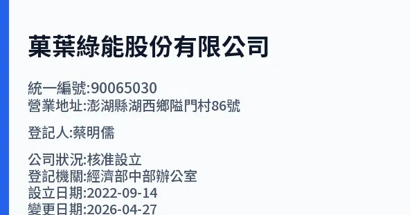 菓葉綠能股份有限公司的照片-統編 90065030(澎湖縣) 公司登記資料與營業項目詳細圖表