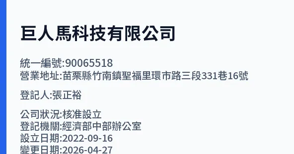 巨人馬科技有限公司的照片-統編 90065518(苗栗縣) 公司登記資料與營業項目詳細圖表