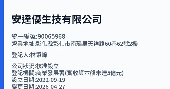 安達優生技有限公司的照片-統編 90065968(彰化縣) 公司登記資料與營業項目詳細圖表
