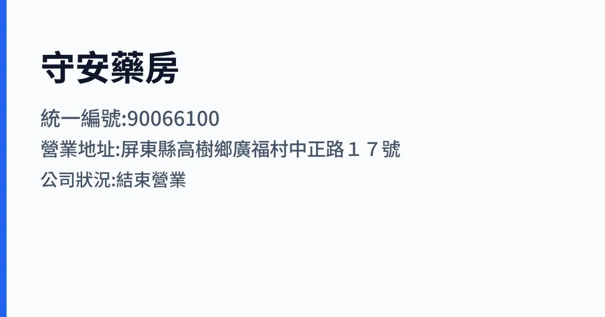守安藥房 - 統編 90066100(屏東縣) 公司登記資料與營業項目詳細圖表