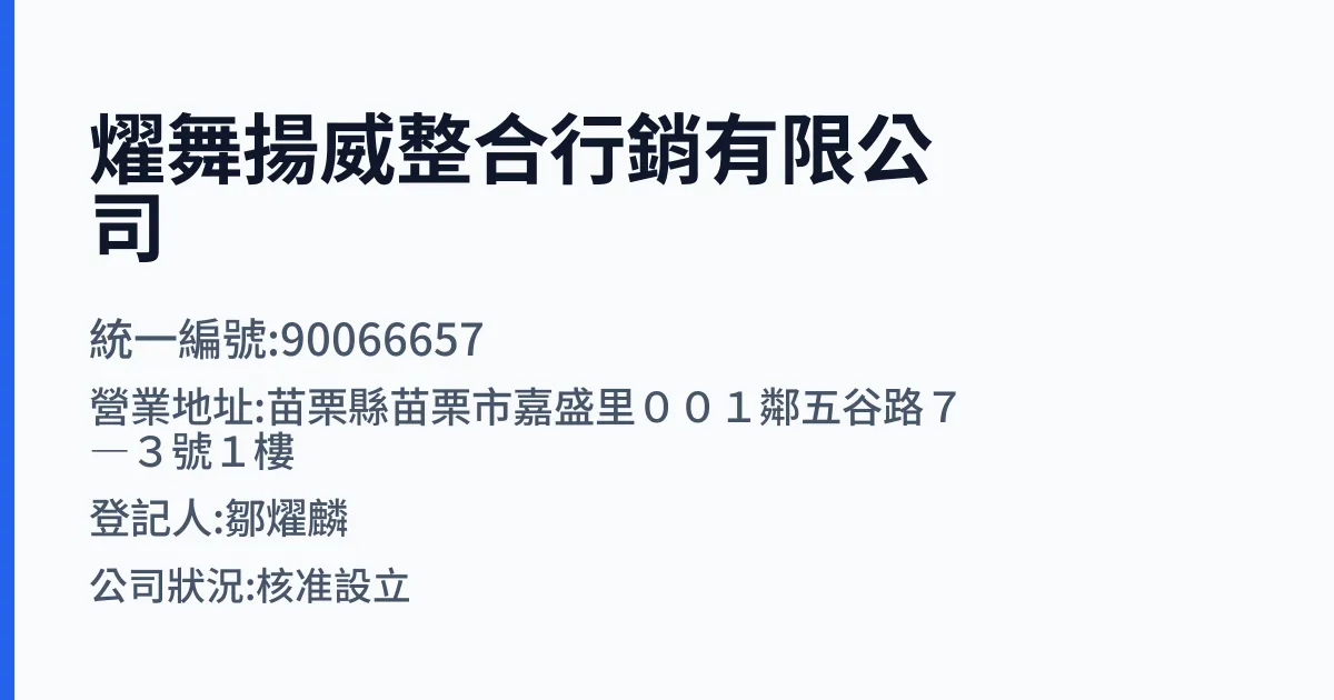 燿舞揚威整合行銷有限公司 - 統編 90066657(苗栗縣) 公司登記資料與營業項目詳細圖表