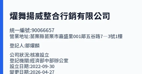 燿舞揚威整合行銷有限公司的照片-統編 90066657(苗栗縣) 公司登記資料與營業項目詳細圖表