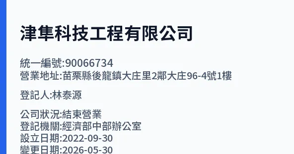 津隼科技工程有限公司的照片-統編 90066734(苗栗縣) 公司登記資料與營業項目詳細圖表