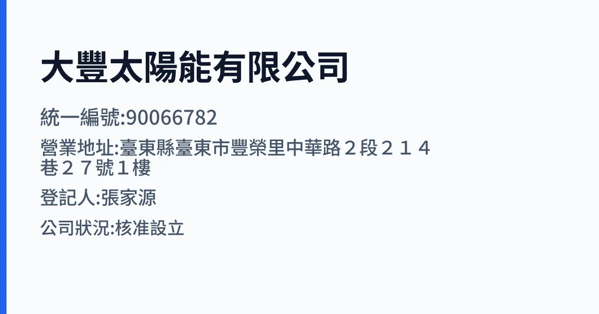 大豐太陽能有限公司 - 統編 90066782(臺東縣) 公司登記資料與營業項目詳細圖表