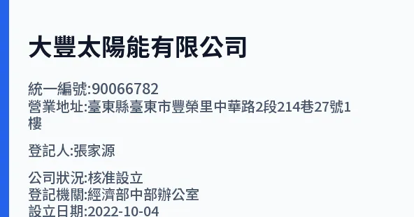 大豐太陽能有限公司的照片-統編 90066782(臺東縣) 公司登記資料與營業項目詳細圖表