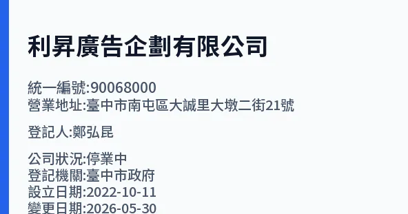 利昇廣告企劃有限公司的照片-統編 90068000(臺中市) 公司登記資料與營業項目詳細圖表