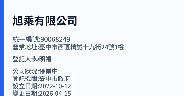 旭乘有限公司的照片-統編 90068249(臺中市) 公司登記資料與營業項目詳細圖表