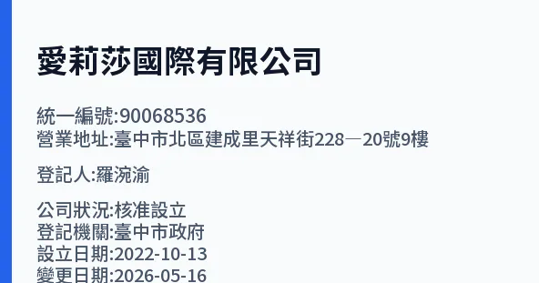 愛莉莎國際有限公司的照片-統編 90068536(臺中市) 公司登記資料與營業項目詳細圖表