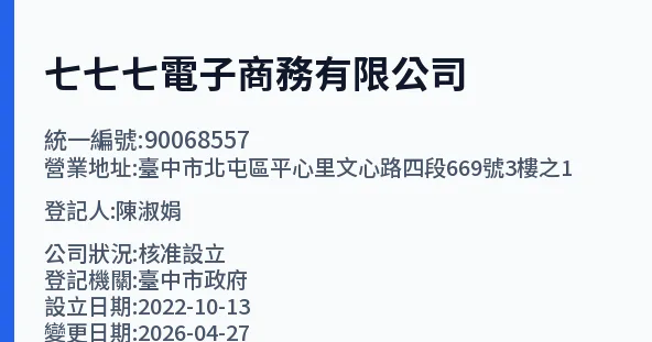 七七七電子商務有限公司的照片-統編 90068557(臺中市) 公司登記資料與營業項目詳細圖表