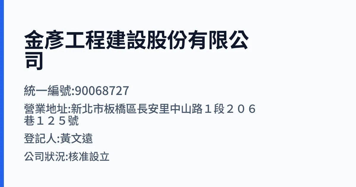 金彥工程建設股份有限公司 - 統編 90068727(新北市) 公司登記資料與營業項目詳細圖表