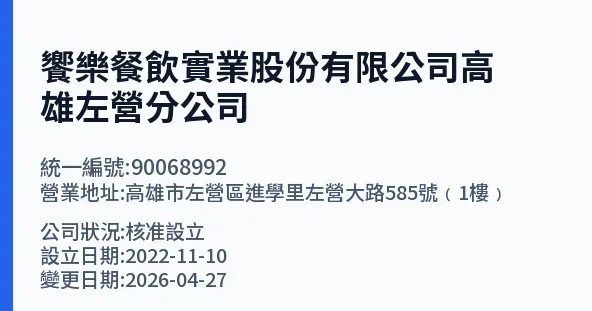 饗樂餐飲實業股份有限公司高雄左營分公司的照片-統編 90068992(高雄市) 公司登記資料與營業項目詳細圖表