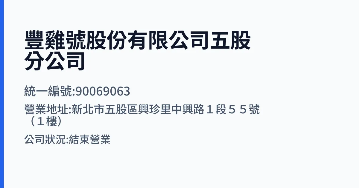 豐雞號股份有限公司五股分公司 - 統編 90069063(新北市) 公司登記資料與營業項目詳細圖表