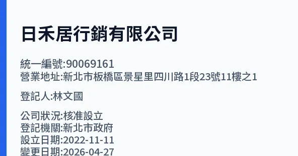 日禾居行銷有限公司的照片-統編 90069161(新北市) 公司登記資料與營業項目詳細圖表