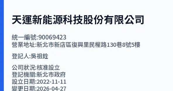 天運新能源科技股份有限公司的照片-統編 90069423(新北市) 公司登記資料與營業項目詳細圖表