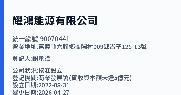 耀鴻能源有限公司的照片-統編 90070441(嘉義縣) 公司登記資料與營業項目詳細圖表
