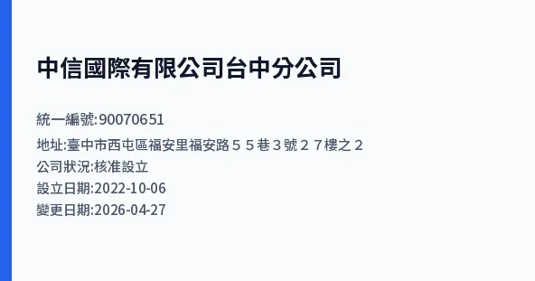 中信國際有限公司台中分公司的照片-統編 90070651(臺中市) 公司登記資料與營業項目詳細圖表