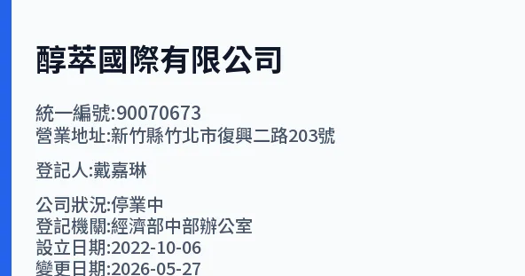 醇萃國際有限公司的照片-統編 90070673(新竹縣) 公司登記資料與營業項目詳細圖表
