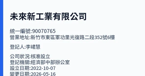 未來新工業有限公司的照片-統編 90070765(新竹市) 公司登記資料與營業項目詳細圖表
