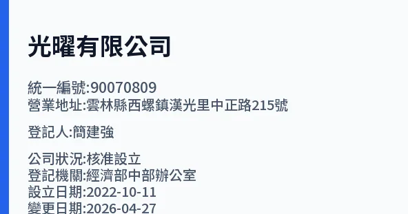光曜有限公司的照片-統編 90070809(雲林縣) 公司登記資料與營業項目詳細圖表