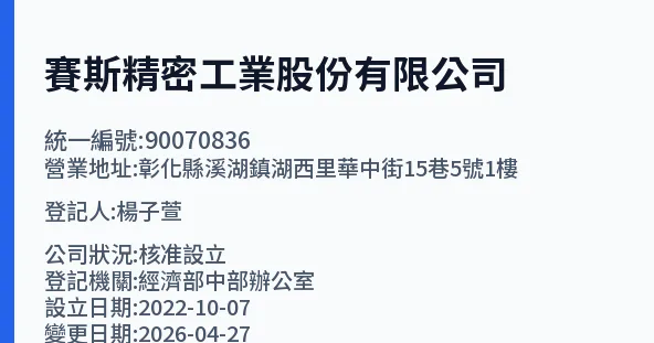 賽斯精密工業股份有限公司的照片-統編 90070836(彰化縣) 公司登記資料與營業項目詳細圖表