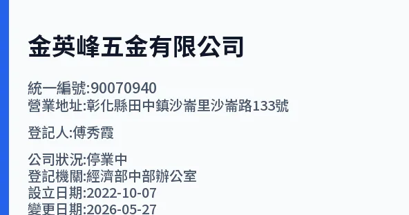 金英峰五金有限公司的照片-統編 90070940(彰化縣) 公司登記資料與營業項目詳細圖表