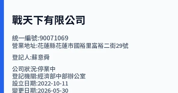 戰天下有限公司的照片-統編 90071069(花蓮縣) 公司登記資料與營業項目詳細圖表