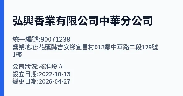 弘興香業有限公司中華分公司的照片-統編 90071238(花蓮縣) 公司登記資料與營業項目詳細圖表