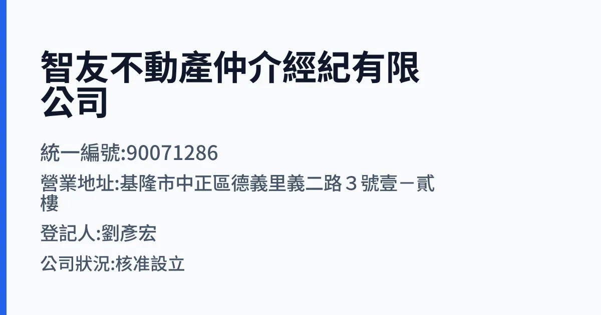 智友不動產仲介經紀有限公司 - 統編 90071286(基隆市) 公司登記資料與營業項目詳細圖表