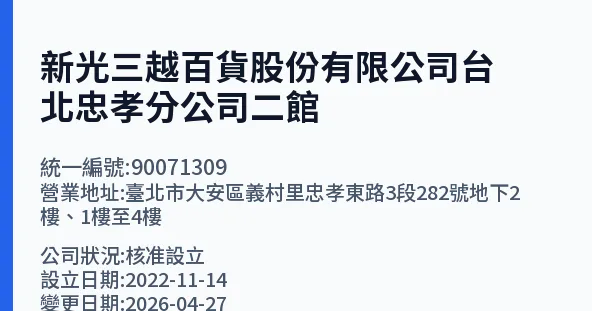 新光三越百貨股份有限公司台北忠孝分公司二館的照片-統編 90071309(臺北市) 公司登記資料與營業項目詳細圖表